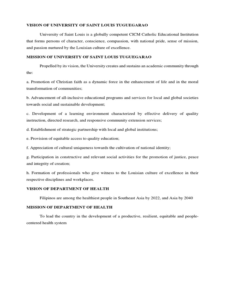 Vision of University of Saint Louis Tuguegarao | PDF