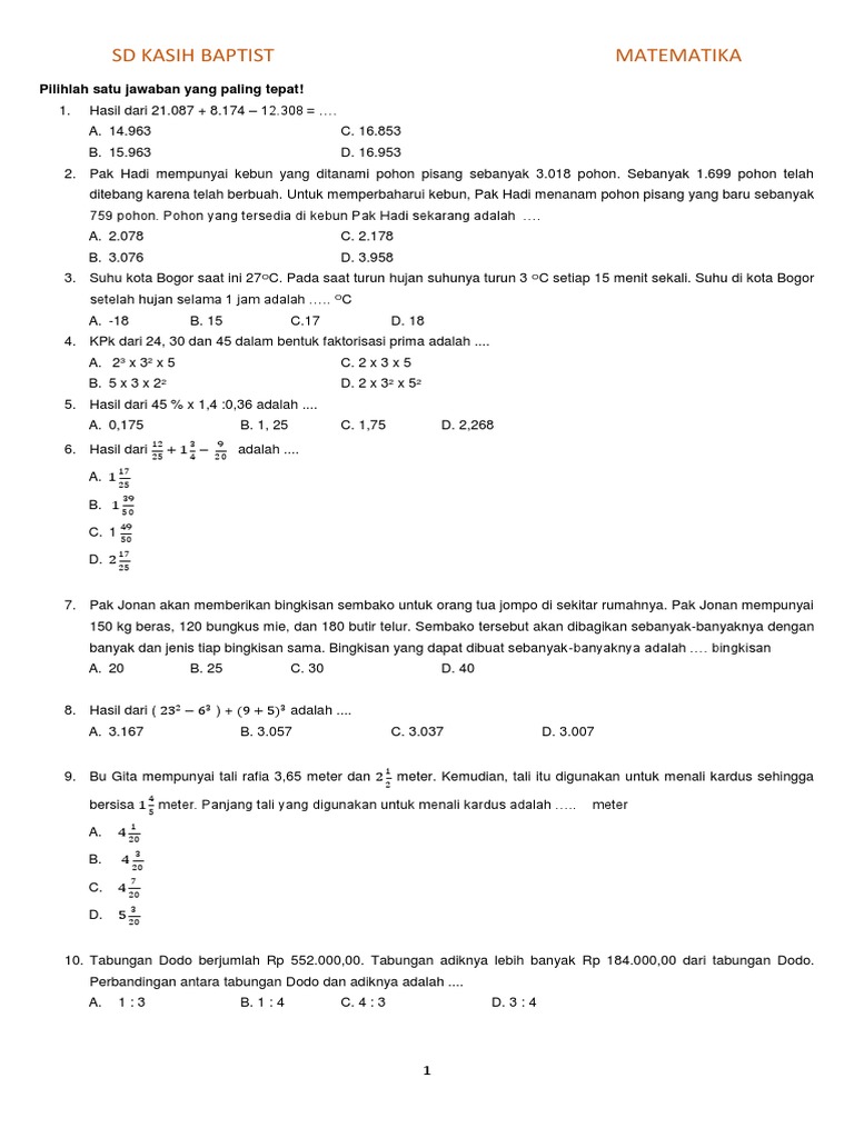 Latihan Soal MTK Un Kelas 6 | PDF