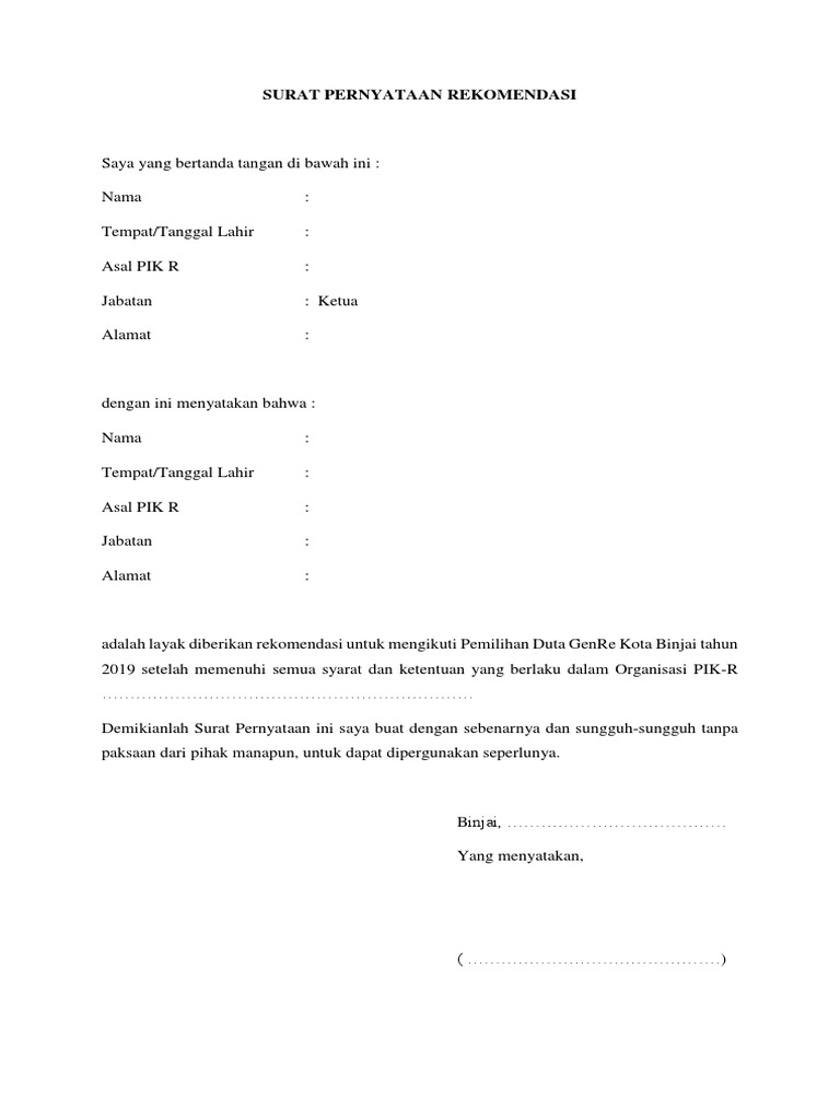 Surat Rekomendasi Ketua Pik R | PDF