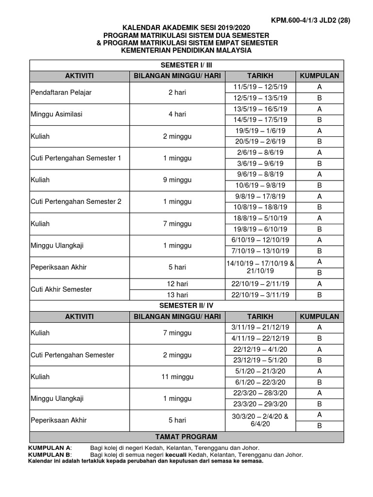 Kalendar Akademik PST PDT 2019 2020 KEMASKINI 5 DISEMBER 2018-1 | PDF