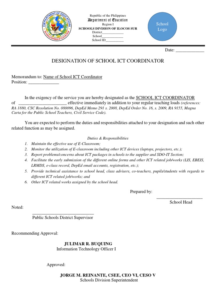 Sample Designation Ict Coordinator | PDF | Educational Technology | Behavior Modification