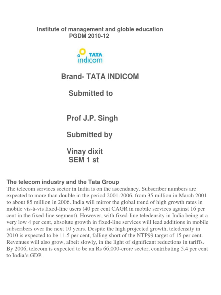 Brand-Tata Indicom Submitted To: Institute of Management and Globle ...