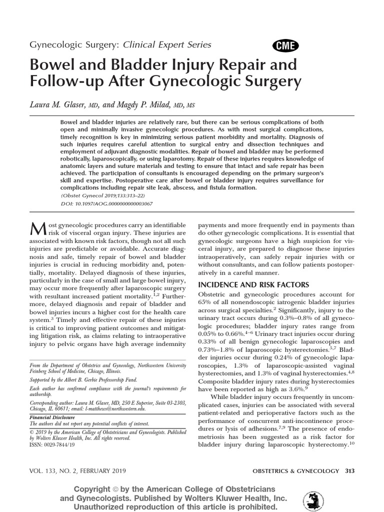 2019 - Bowel and Bladder Injury Repair and Follow-Up After Gynecologic ...