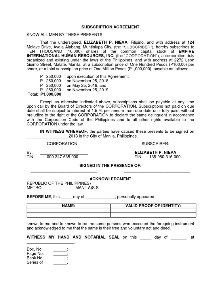 Subscription Agreement | PDF | Philippines | Corporations
