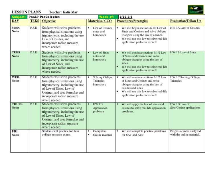 BHS Lesson Plan Precal 12-2-27 | PDF | Trigonometric Functions ...