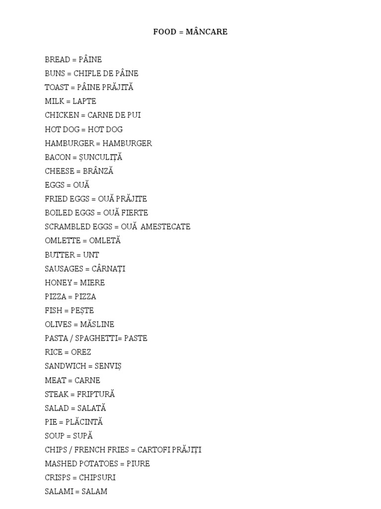 A Comprehensive Food and Drink Dictionary in Romanian and English | PDF ...