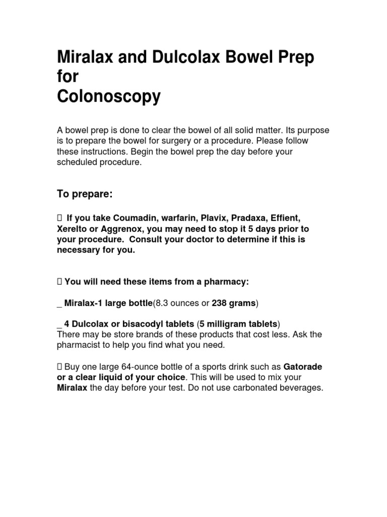 Miralax and Dulcolax Bowel Prep-ALL | PDF | Colonoscopy | Medicine