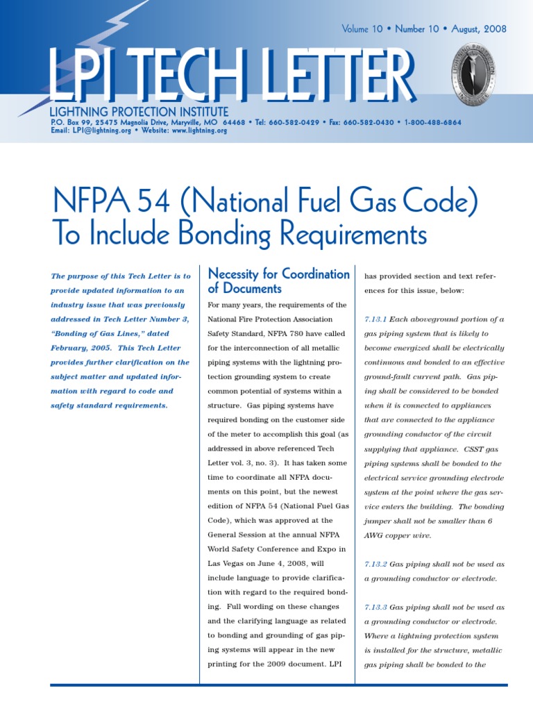 Tech Letter-NFPA 54 To Include Bonding 8-08 | PDF | Electric Power ...
