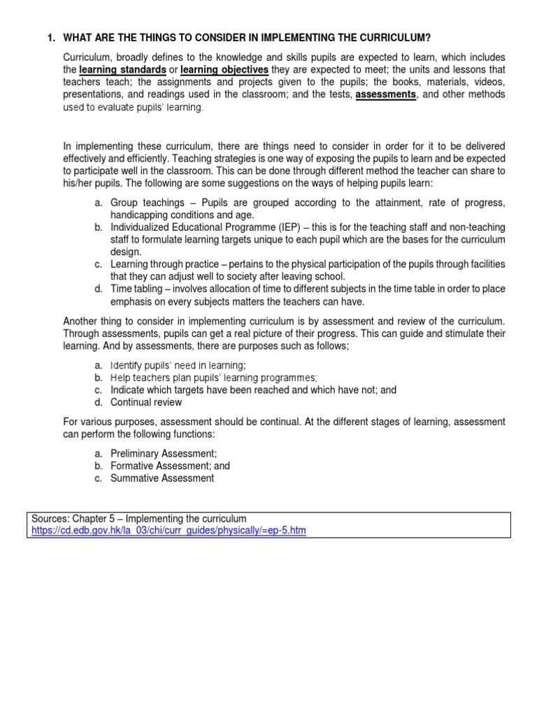 WHAT ARE THE THINGS TO CONSIDER IN IMPLEMENTING THE CURRICULUM.docx | Curriculum | Educational ...