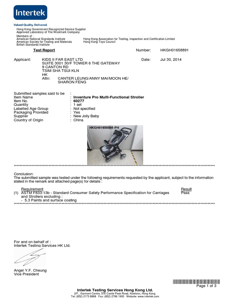 Taicang New Jolly Baby Certificate60277 Astm F833 140730 HKGH01658891 PDF | PDF | Contractual ...