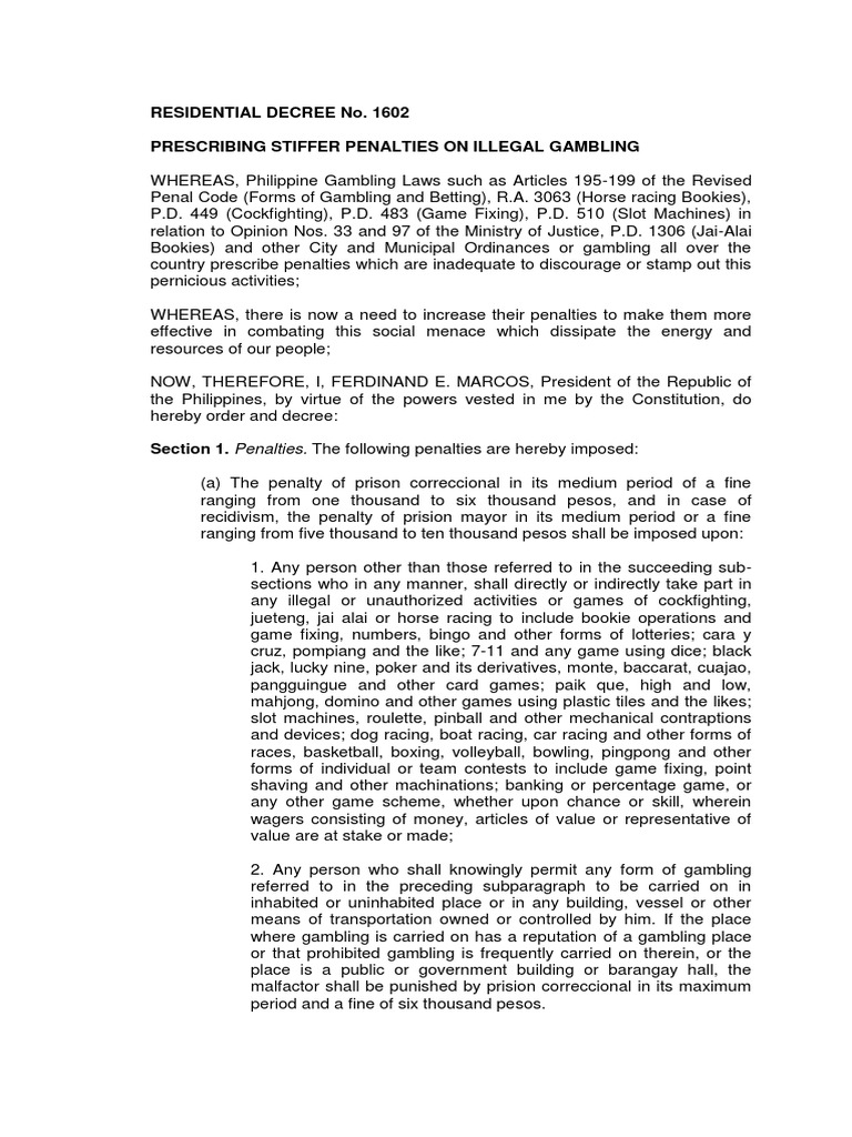 PD 1602. Illegal Gambling PDF | PDF | Gambling | Security Guard