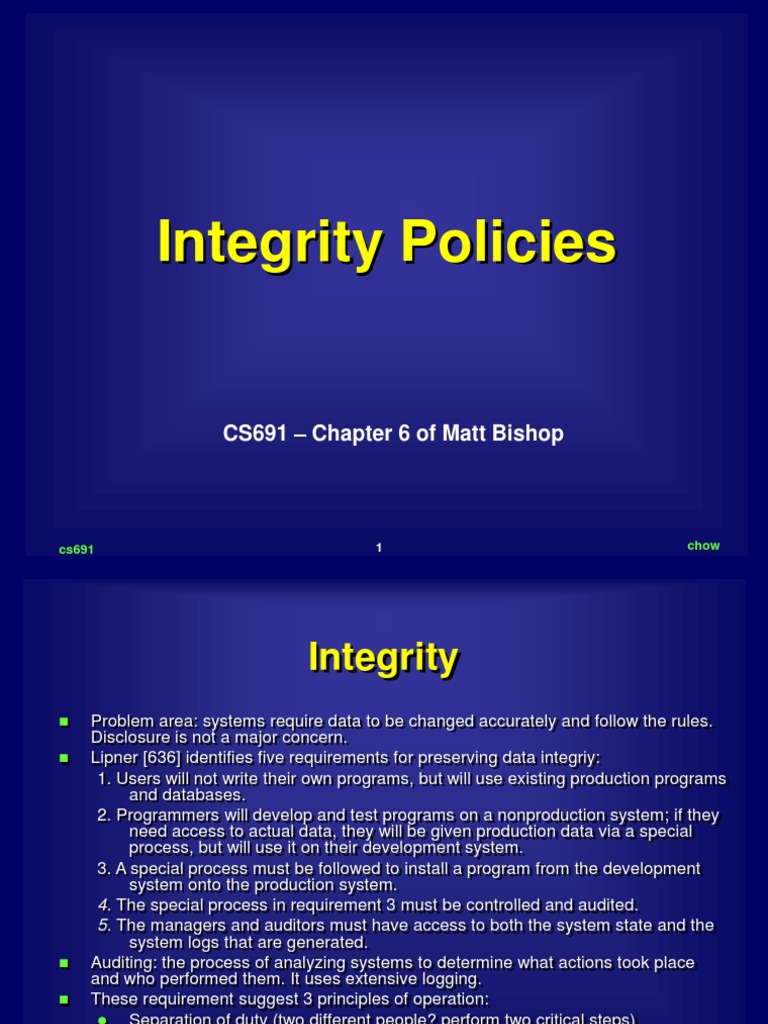 Integrity Policies: CS691 - Chapter 6 of Matt Bishop | PDF ...