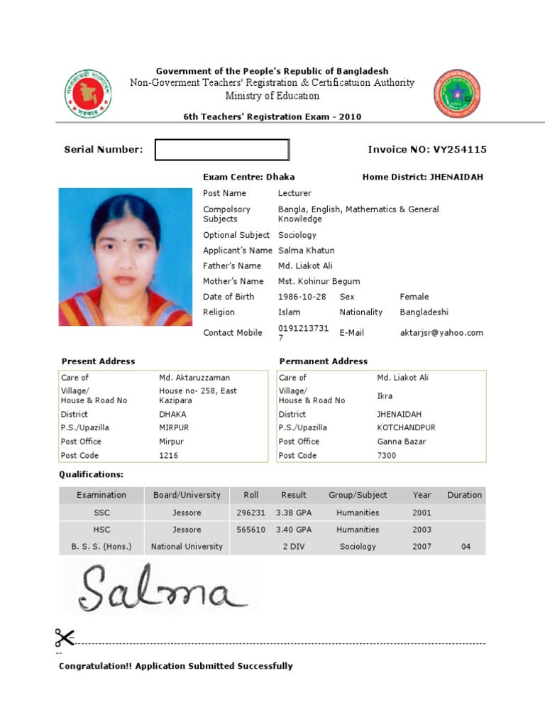 Bangladesh Teacher Exam Registration 2010 | PDF