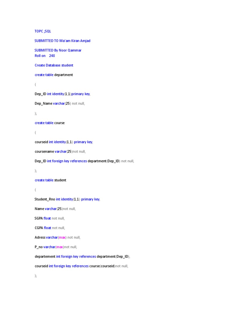 SQL Database Creation and Queries Guide | PDF