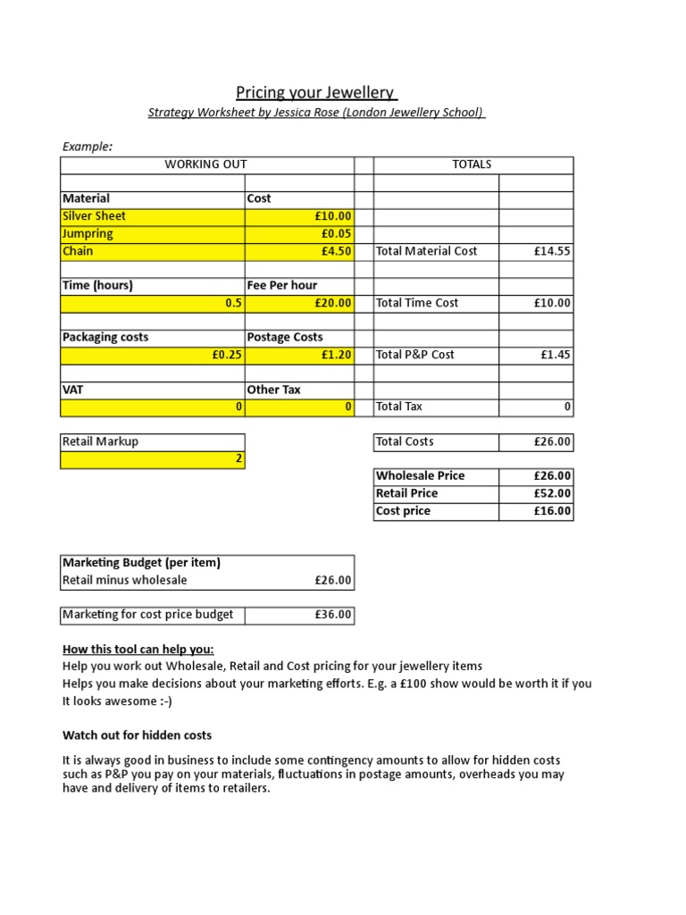 Jewelry Pricing Strategy Worksheet | PDF | Retail | Prices
