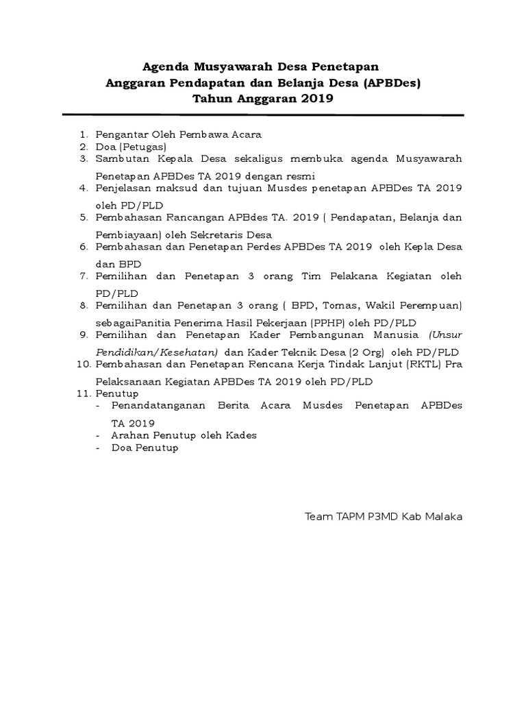 Agenda Musdes Penetapan APBdes 2019 | PDF