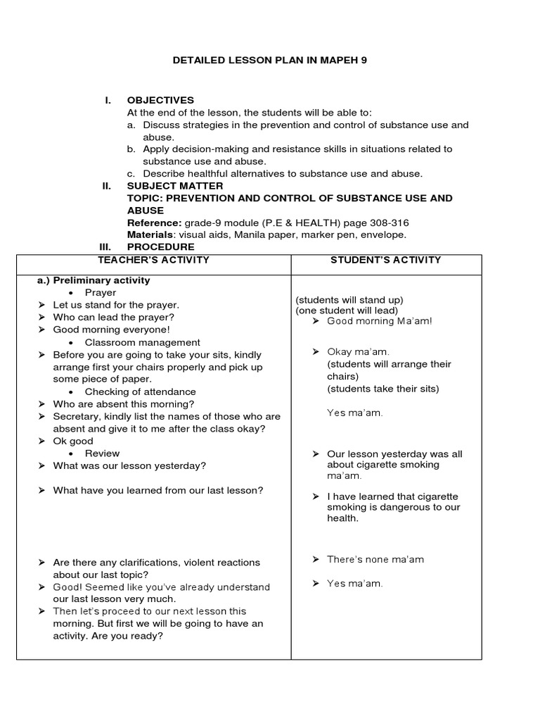 Lesson Plan in MAPEH 9 | PDF | Substance Abuse | Lesson Plan