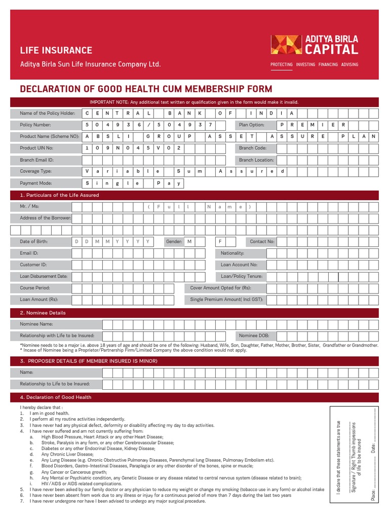 Declaration of Good Health Cum Membership Form: Life Insurance | PDF ...