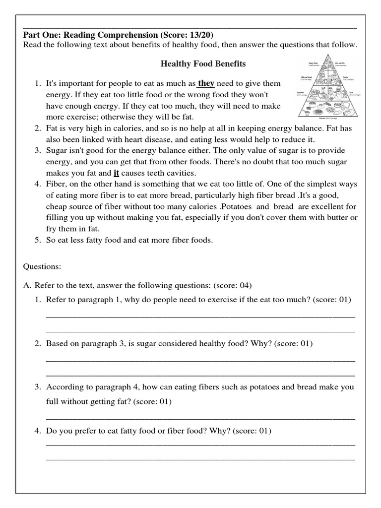 Healthy Food Benefits: Part One: Reading Comprehension (Score: 13/20 ...