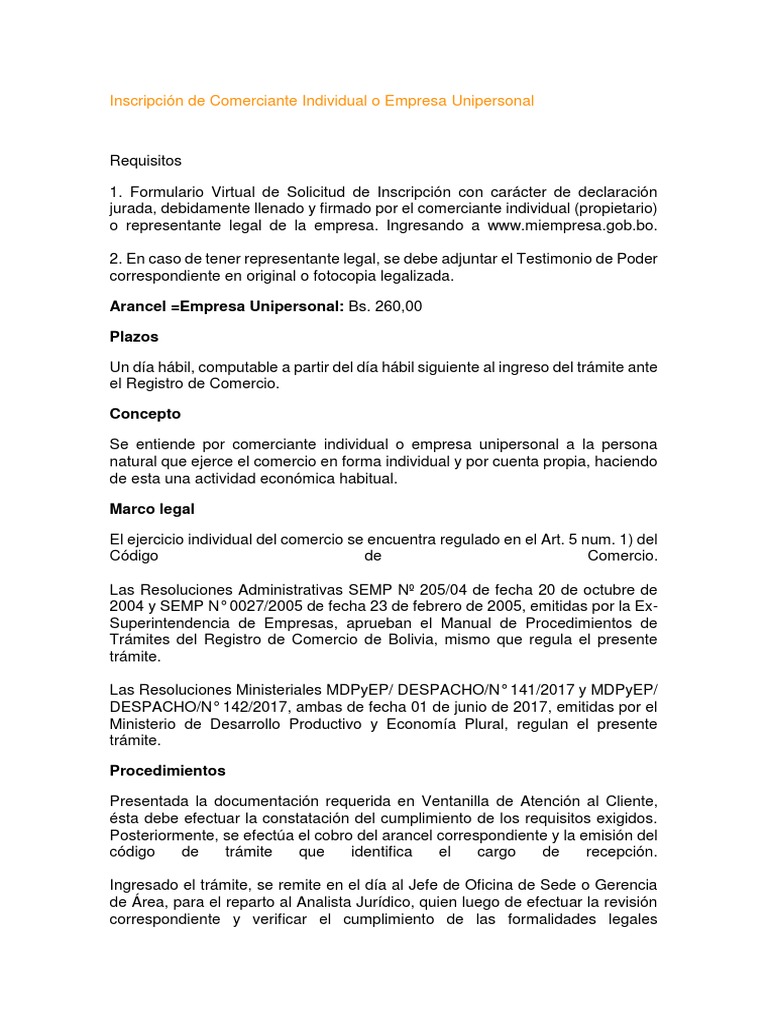 Inscripción de Comerciante Individual o Empresa Unipersonal Bolivia | PDF | Gobierno | Justicia