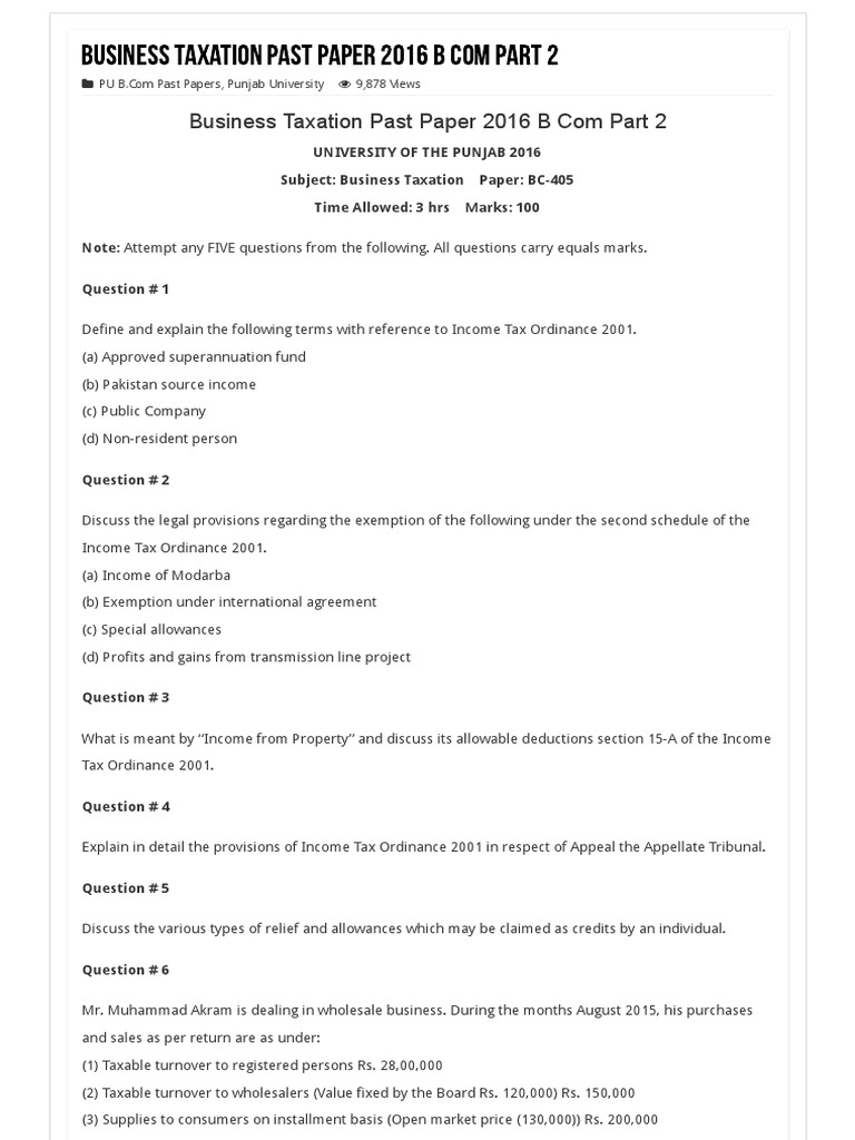 Business Taxation Past Paper 2016 B Com Part 2 | PDF | Income Tax | Taxes