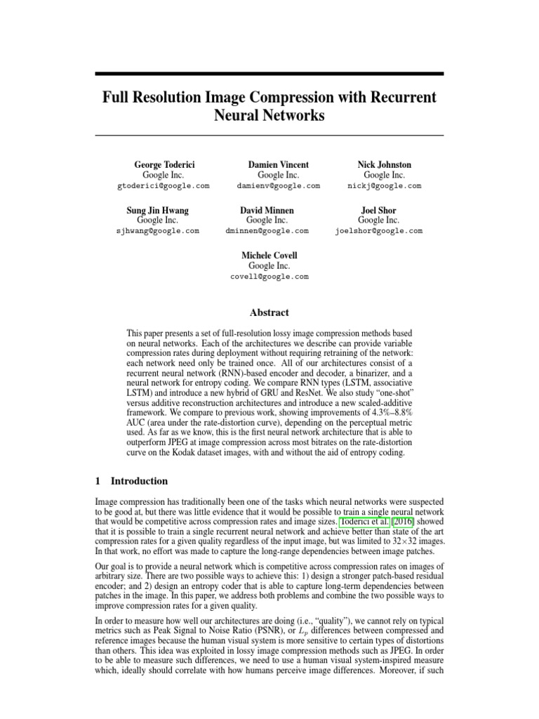Full Resolution Image Compression With Recurrent Neural Networks | PDF | Data Compression ...