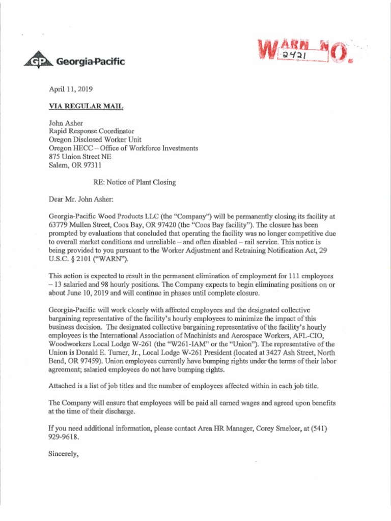 George-Pacific WARN Act Notification | PDF | Labour Relations | Employment