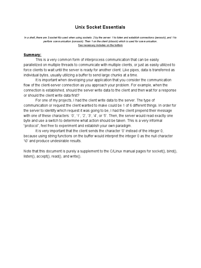 Unix Socket Essentials | PDF | Network Socket | Client (Computing)