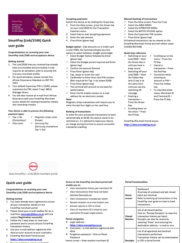Smartpay (Link/2500) Quick User Guide: Accepting Payments Manual Banking of Transactions | PDF ...