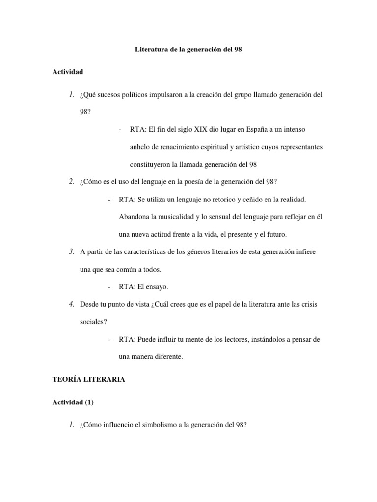 Taller de Literatura de La Generación Del 98 | PDF | Poesía | Autor