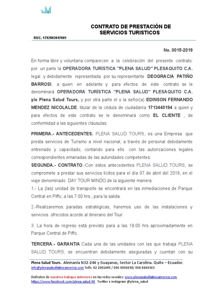 Contrato de Prestación de Servicios Turisticos. | Turismo