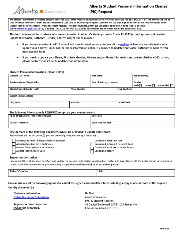 Alberta Student Personal Information Change Form | PDF | Identity ...