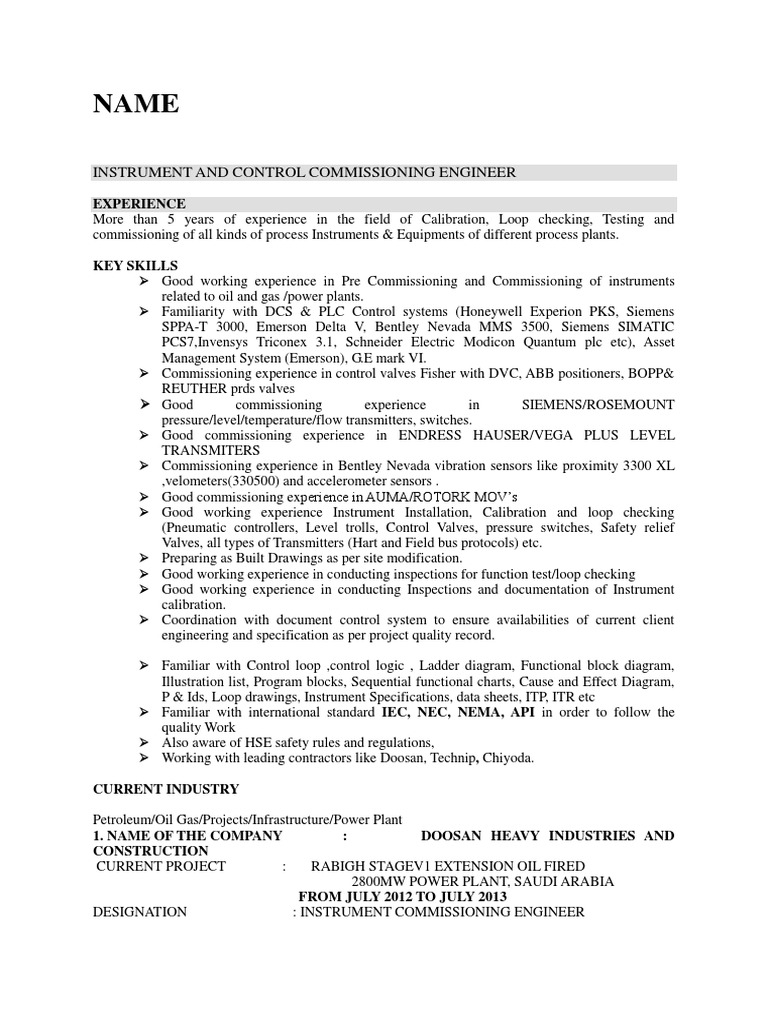 Sample Resume For Instrumentation Engineer | PDF | Instrumentation ...