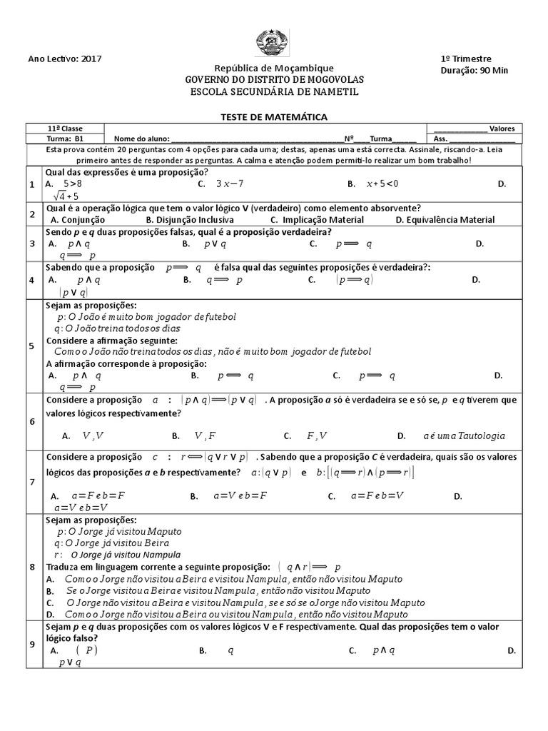 Teste de Lógica Proposicional e Linguagem Simbólica da Matemática para ...