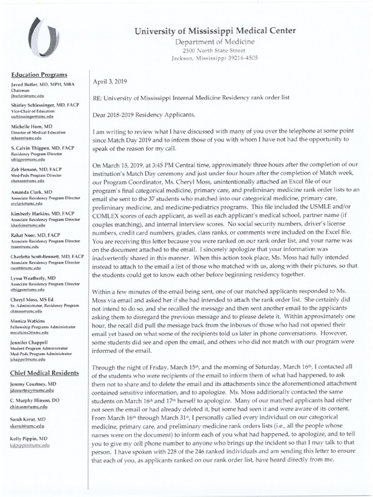 UMMC Letter To Ranked Applicants - Univ of Mississippi | PDF