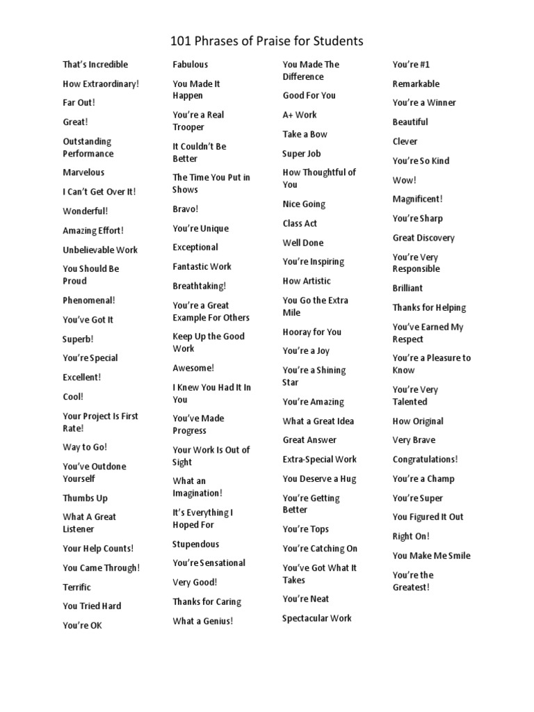 101 Praise Phrases for Students | PDF | Leisure