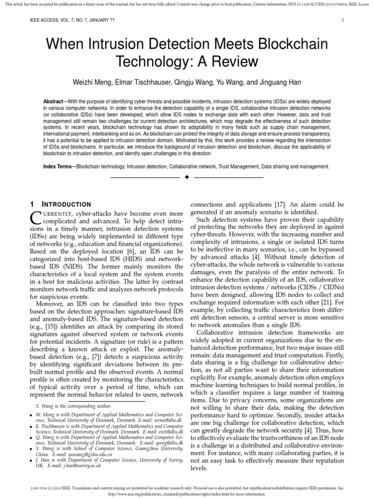 When Intrusion Detection Meets Blockchain Technology: A Review | PDF | Computer Network ...