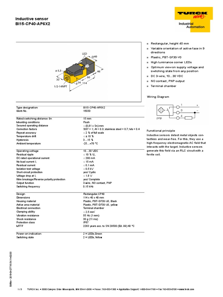 Inductive Sensor BI15-CP40-AP6X2: Type Designation | PDF | Inductor ...
