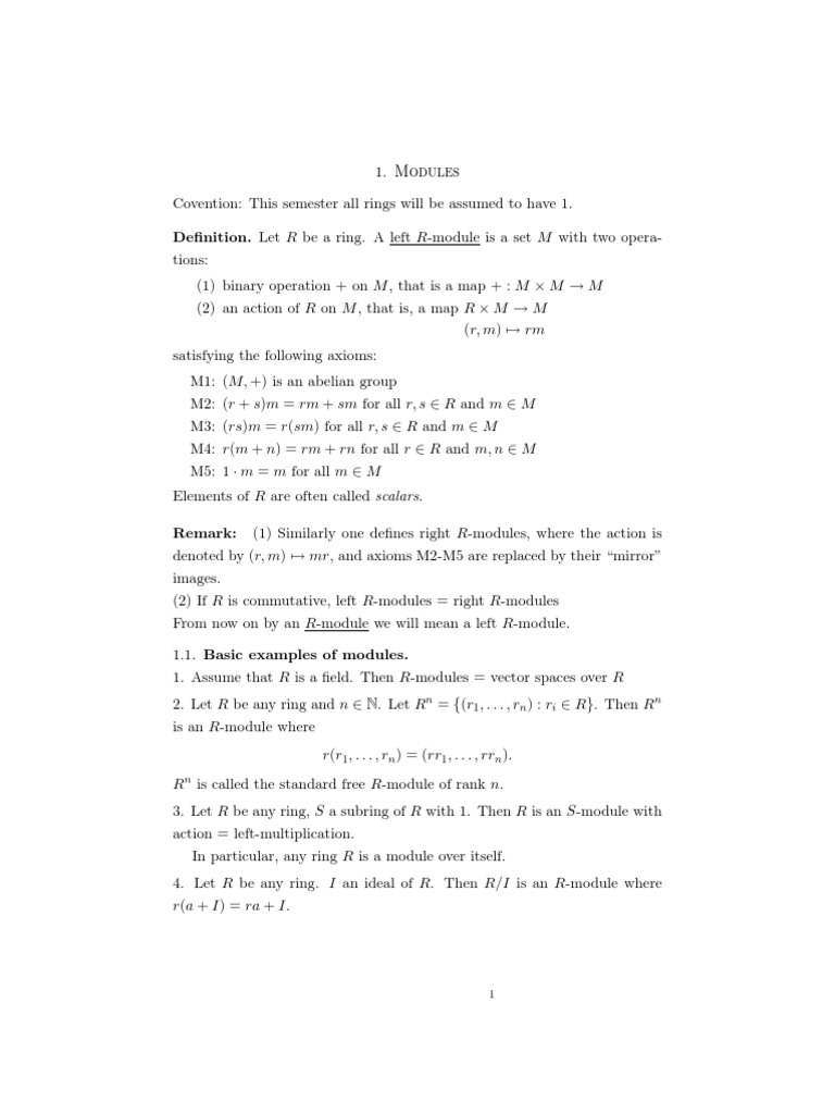 Lecture 1 | PDF | Module (Mathematics) | Ring (Mathematics)