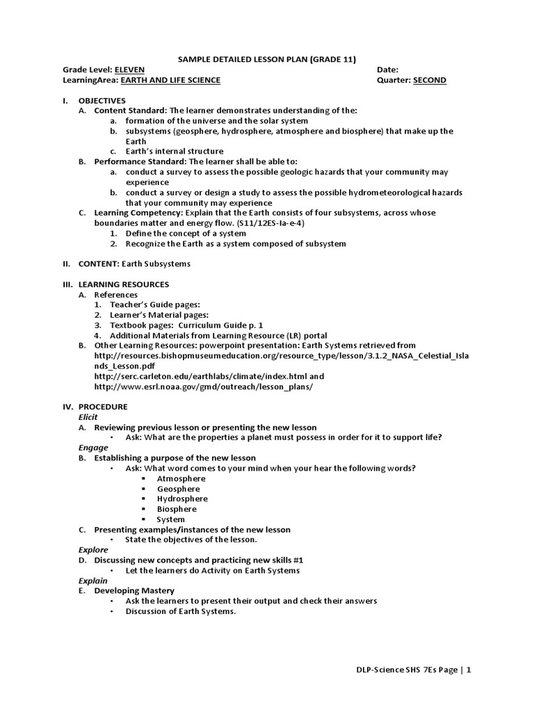 Grade 11 Earth and Life Science Plan | PDF | Lesson Plan | System