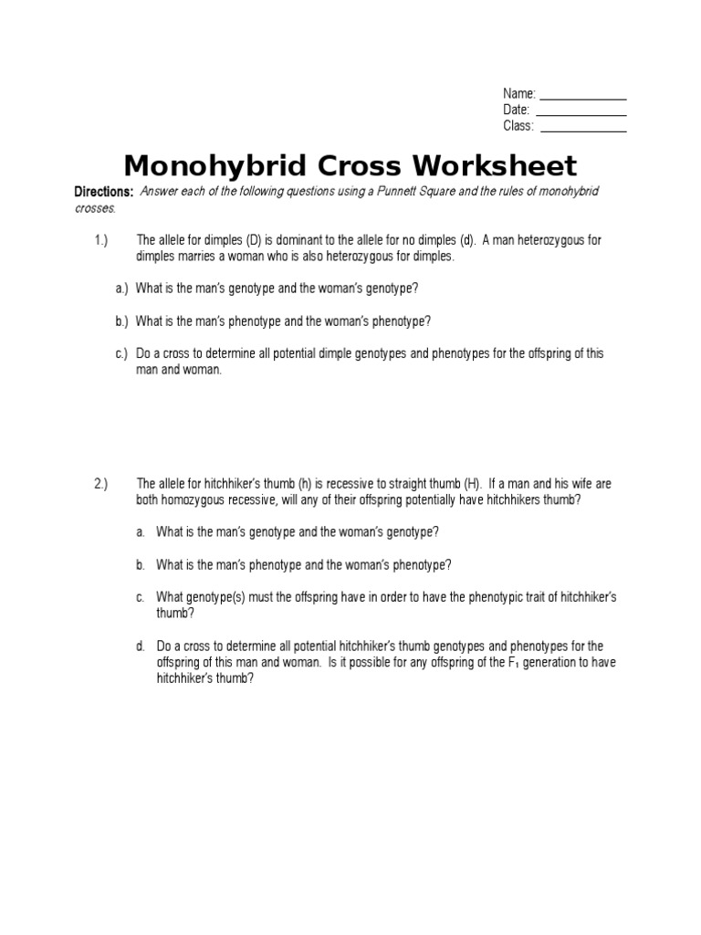 Monohybrid Cross Worksheet | PDF | Dominance (Genetics) | Zygosity