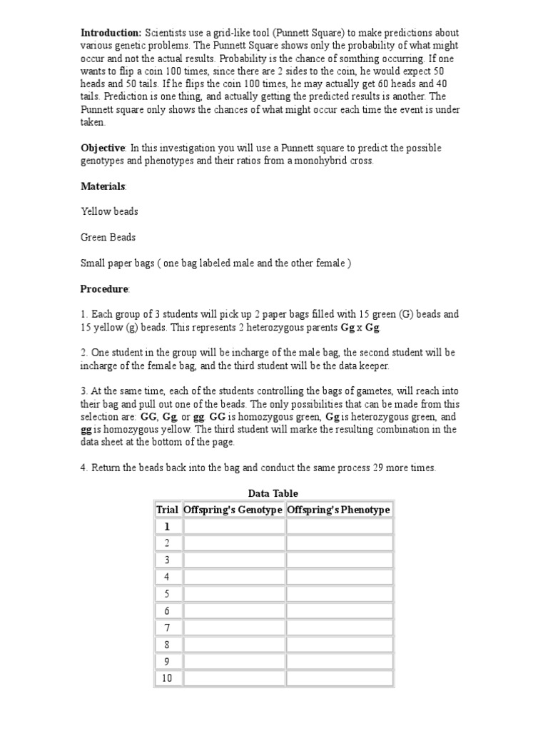 Monohybrid Cross Lab Activity | PDF | Biological Evolution ...