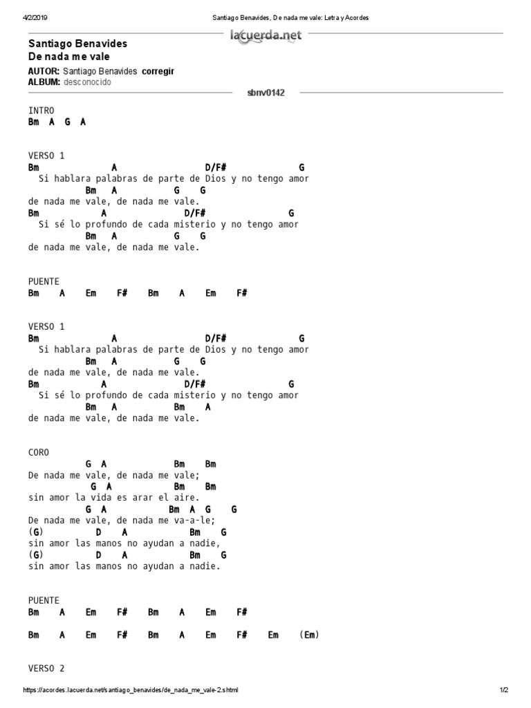Santiago Benavides, De Nada Me Vale_ Letra y Acordes | Música grabada ...