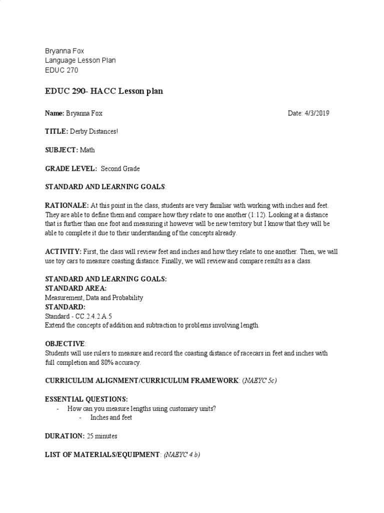 EDUC 290-HACC Lesson Plan: Name: Title: Subject: Grade Level: Standard ...