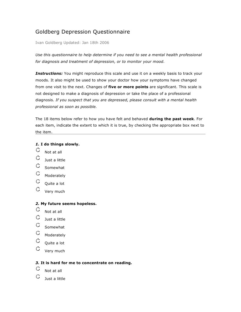 Goldberg Depression Questionnaire | Major Depressive Disorder ...