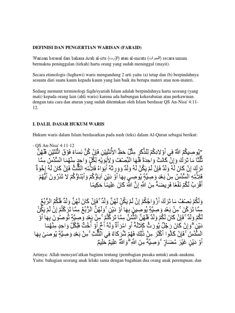 Definisi Dan Pengertian Warisan Faraid | PDF
