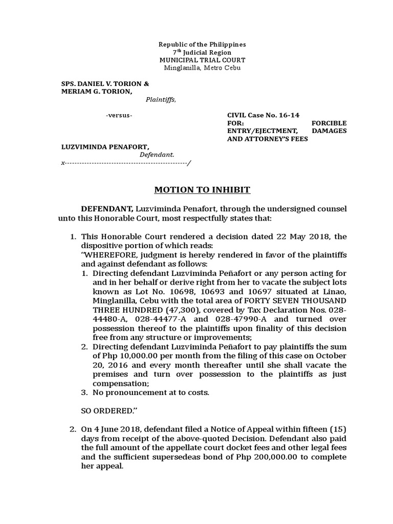Motion To Inhibit | PDF | Lawsuit | Judgment (Law)