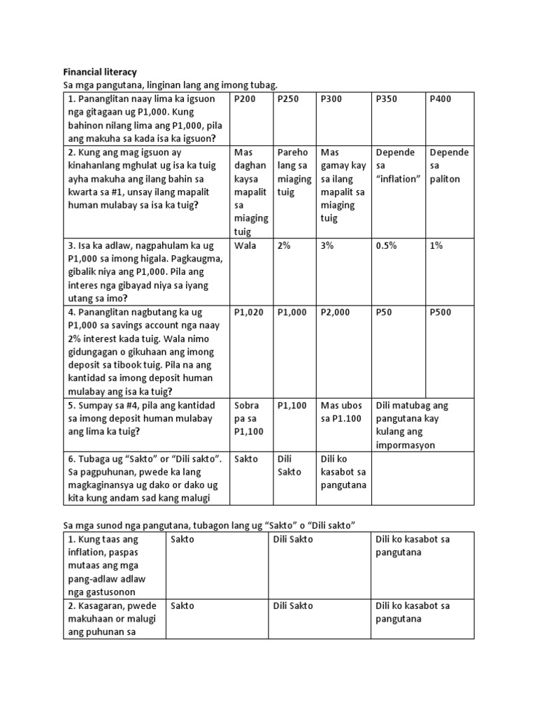 Financial Literacy Survey Questionnaire in Bisaya | PDF