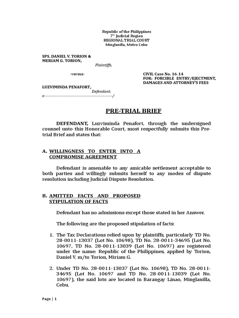 Pre-Trial Brief: DEFENDANT, Luzviminda Penafort, Through The ...