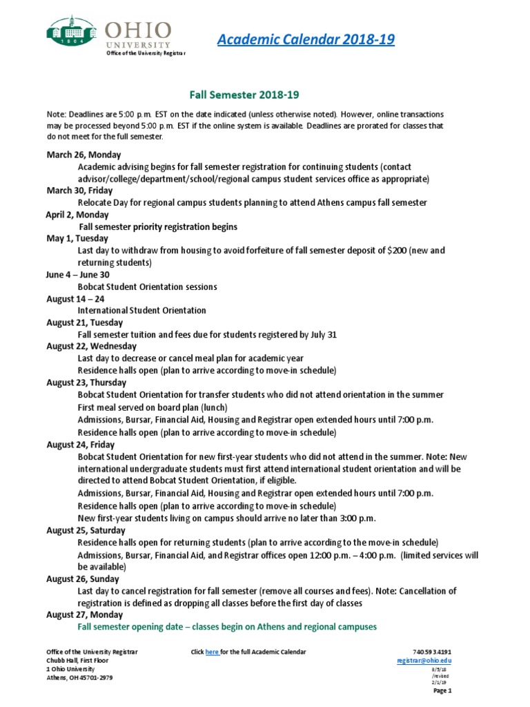Ohio University Academic Calendar 2018-19 | PDF | Academic Term | Fee